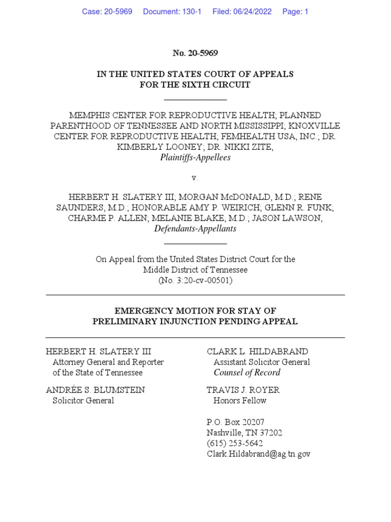 No. 130-1 Emergency Motion To Stay Pending Appeal | PDF | Pregnancy | Injunction