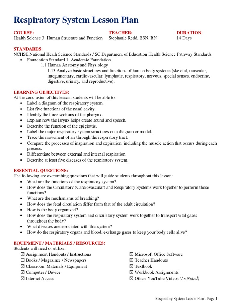 11 Respiratory System Lesson Plan | PDF | Human Body | Circulatory System