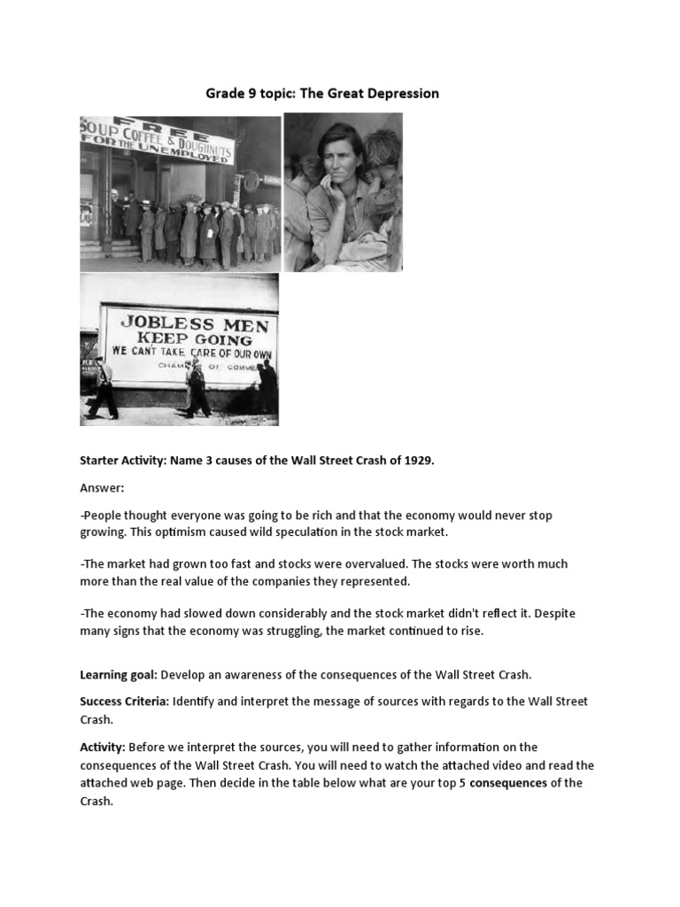 Grade 9 Topic: The Great Depression | Download Free PDF | Wall Street ...