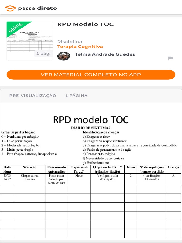 RPD Modelo TOC - Terapia Cognitiva | PDF