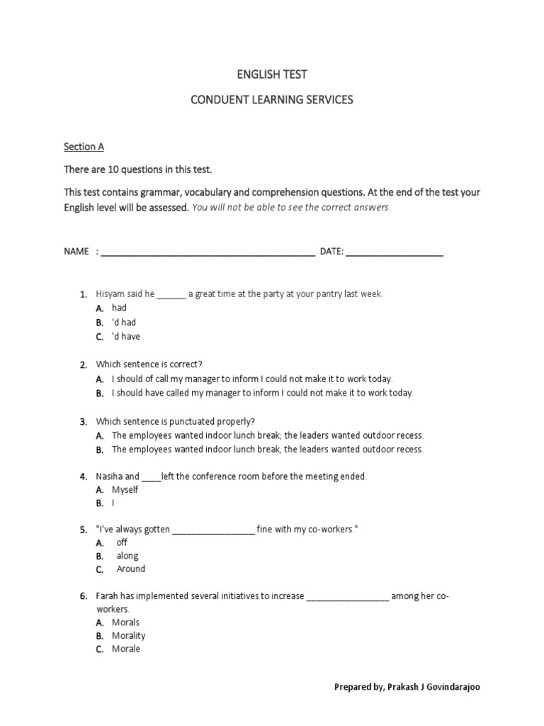 English Test Conduent Learning Services: NAME: - DATE | PDF | Edgar ...