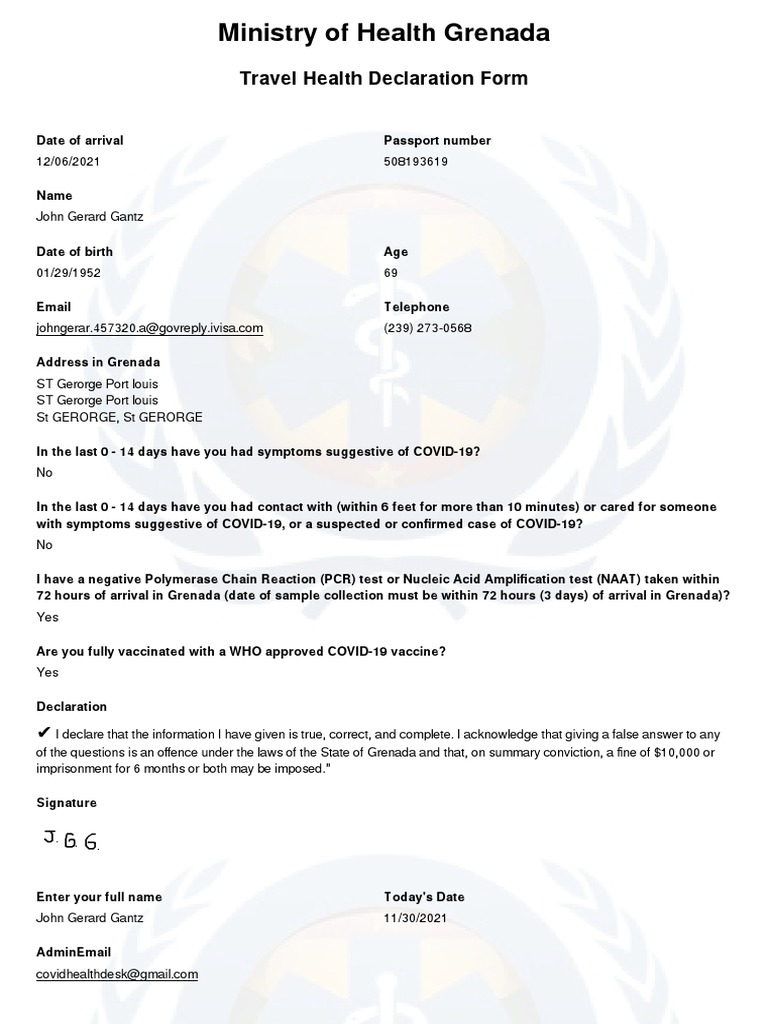 Travel Health Declaration Certificate Gantz John | PDF