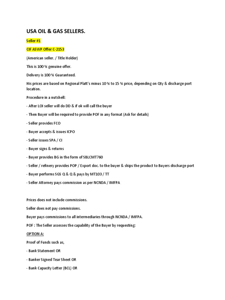 USA Oil & Gas Seller Offers | PDF | Gasoline | Letter Of Credit
