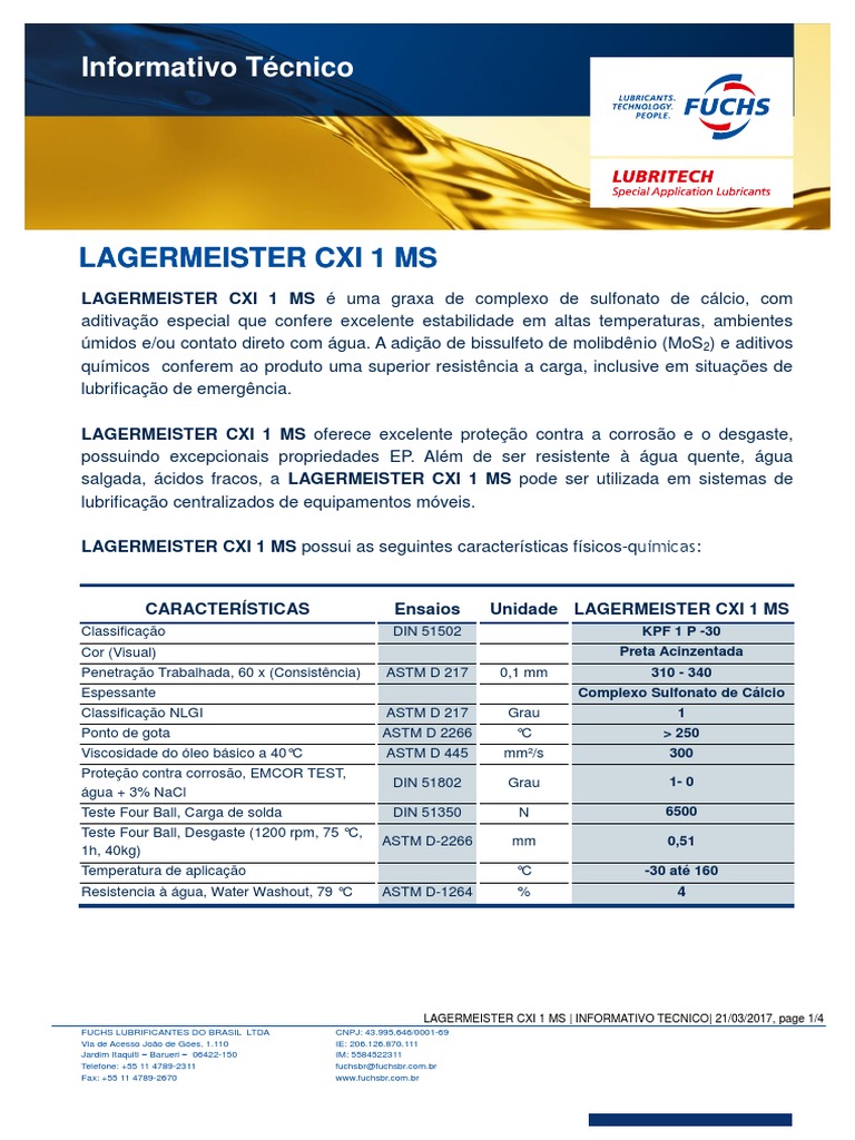 Características e Desempenho da Graxa LAGERMEISTER CXI 1 MS | PDF ...