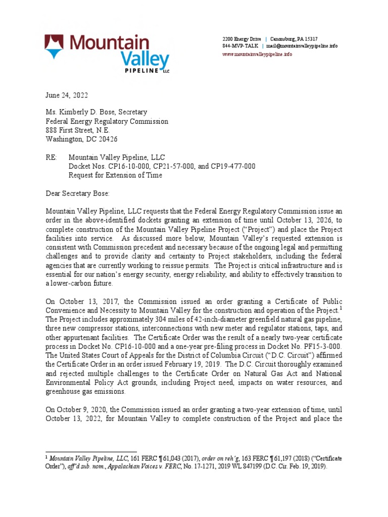 MVP Request For Extension of Time 6.24.22 | PDF | Federal Energy ...