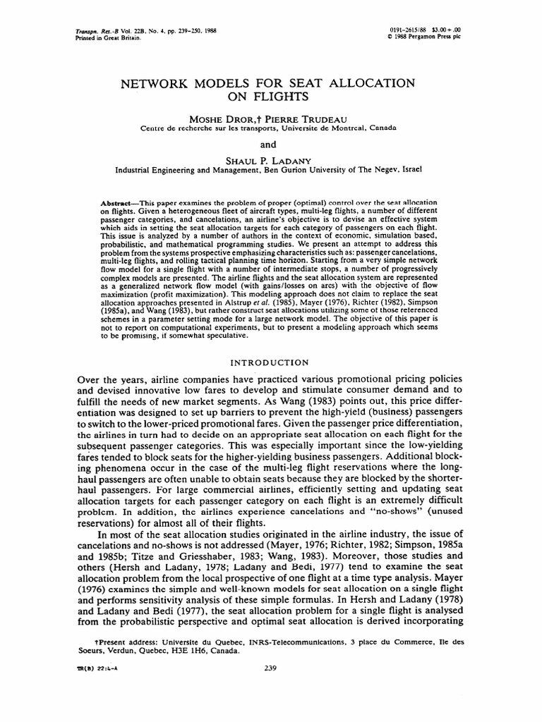 Network Models For Seat Allocation On Flights: Moshe Dror,? | Download ...
