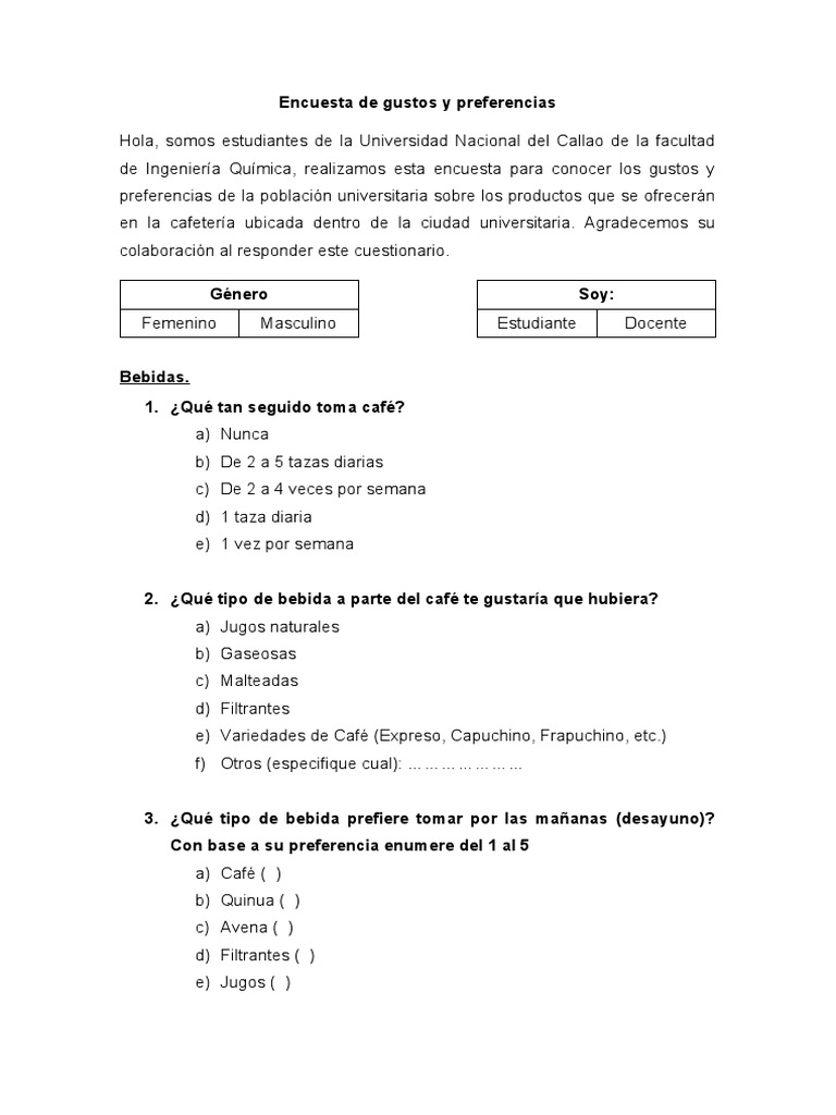 Encuesta de Gustos y Preferencias | PDF | café | Alimentos