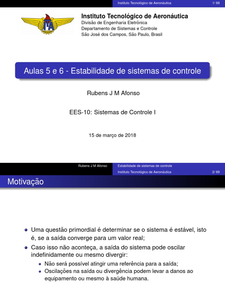 Aula 5 e 6 - Estabilidade de Sistemas de Controle | PDF | Matemática | Matemática aplicada