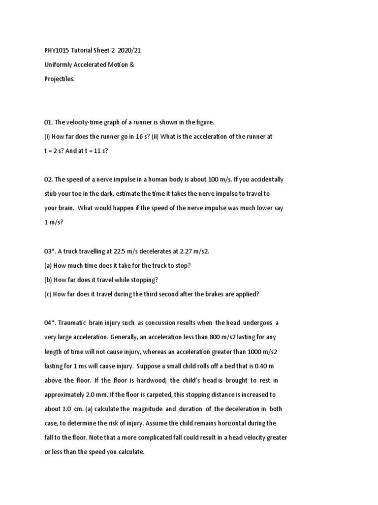PHY1015 Tutorial Sheet 2 2020 | PDF | Acceleration | Speed