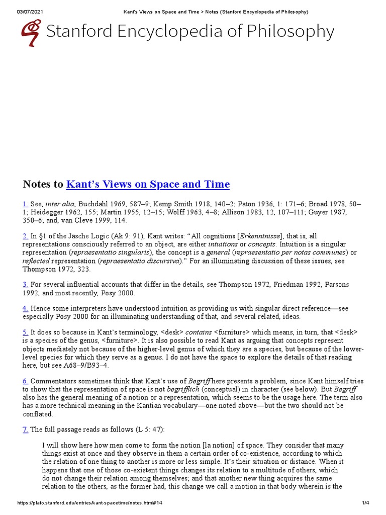 Kant's Views On Space and Time - Notes (Stanford Encyclopedia of ...
