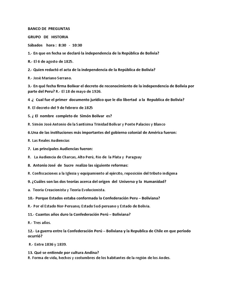 BBANCO DE PREGUNTAS - Docx Instituto Hist. 8-10 | PDF | Imperio Inca | Bolivia
