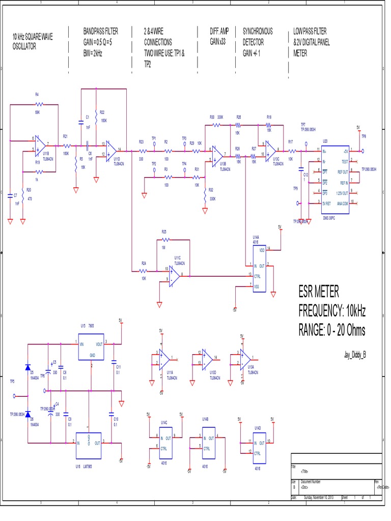 Esr Meter Frequency: 10Khz RANGE: 0 - 20 Ohms: IN+ IN-+5V Test Ref Out ...