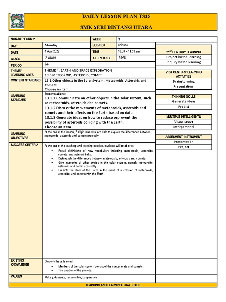 Daily Lesson Plan Ts25 SMK Seri Bintang Utara | PDF | Asteroid | Meteoroid
