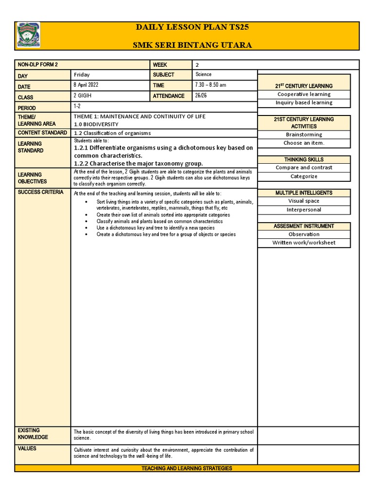 Daily Lesson Plan Ts25 SMK Seri Bintang Utara | PDF | Learning | Teachers