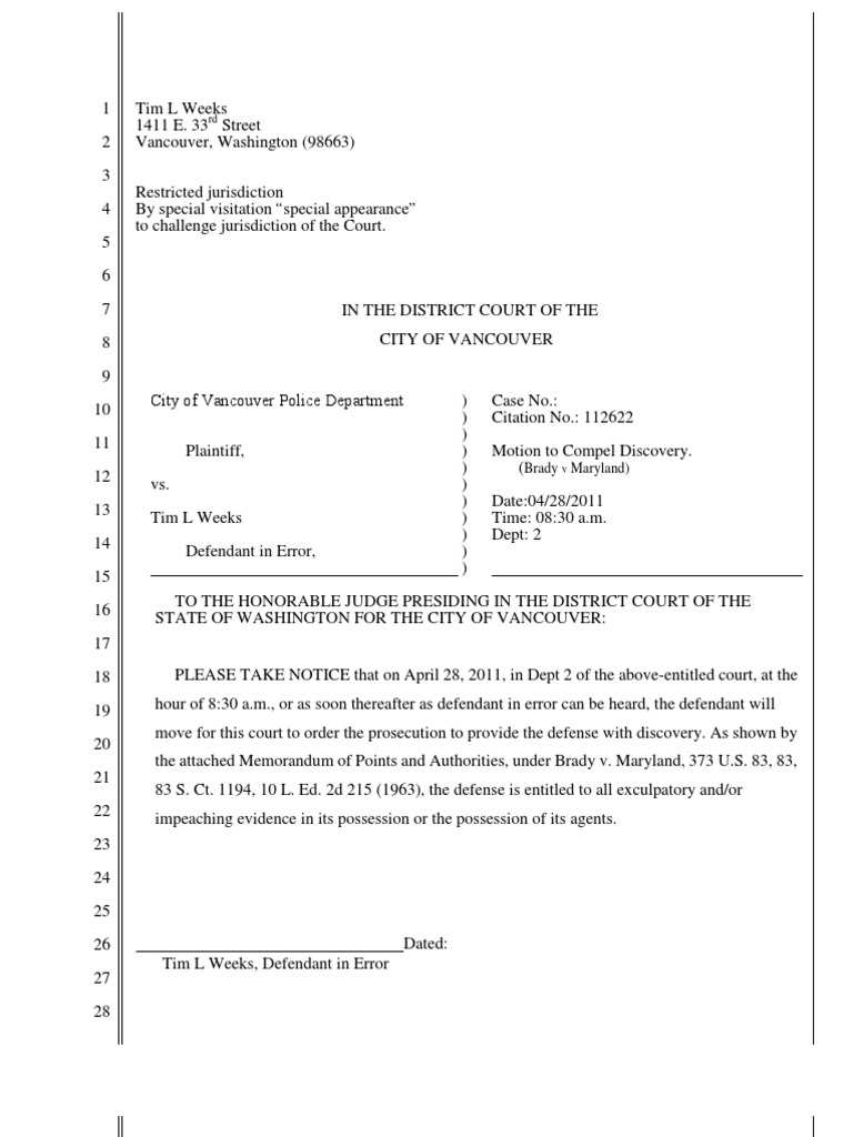 Motion To Compel Discovery | PDF | Brady V. Maryland | Discovery (Law)
