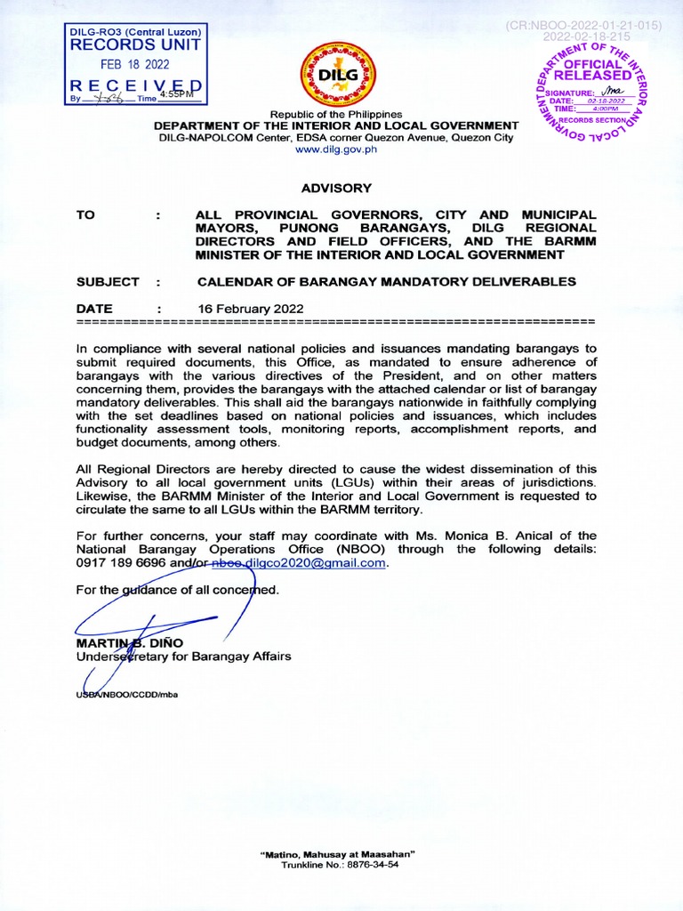 Advisory Calendar of Barangay Mandatory Deliverables | PDF | Budget ...