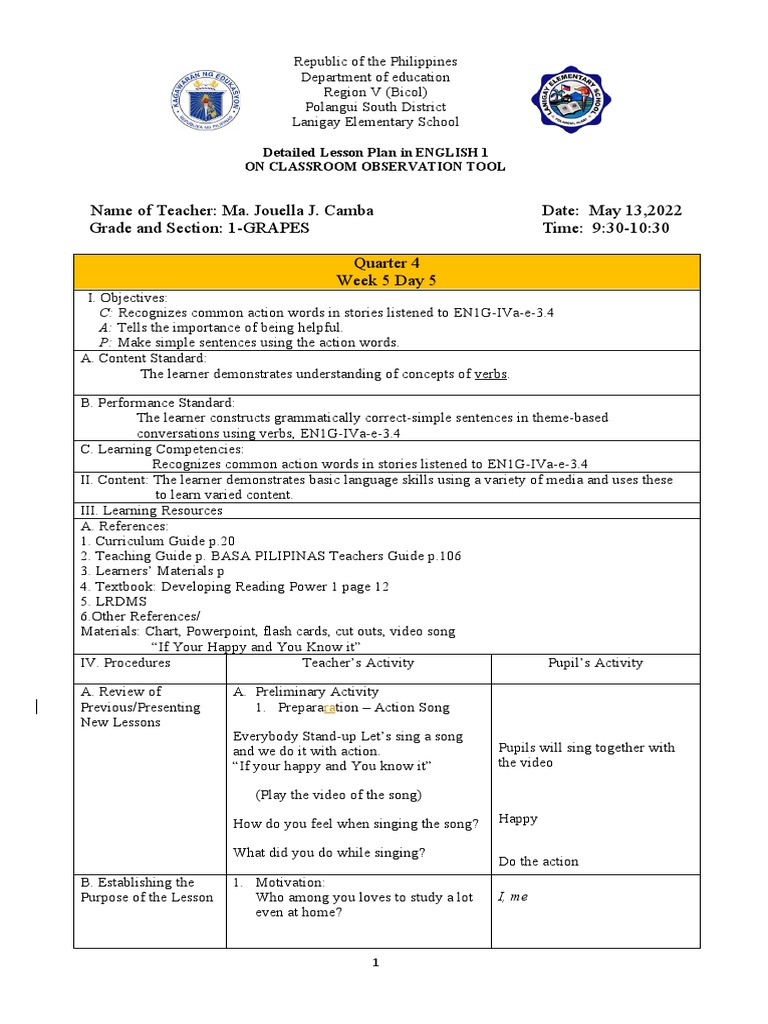 Action Words Lesson Plan for Grade 1 | PDF | Learning | Lesson Plan