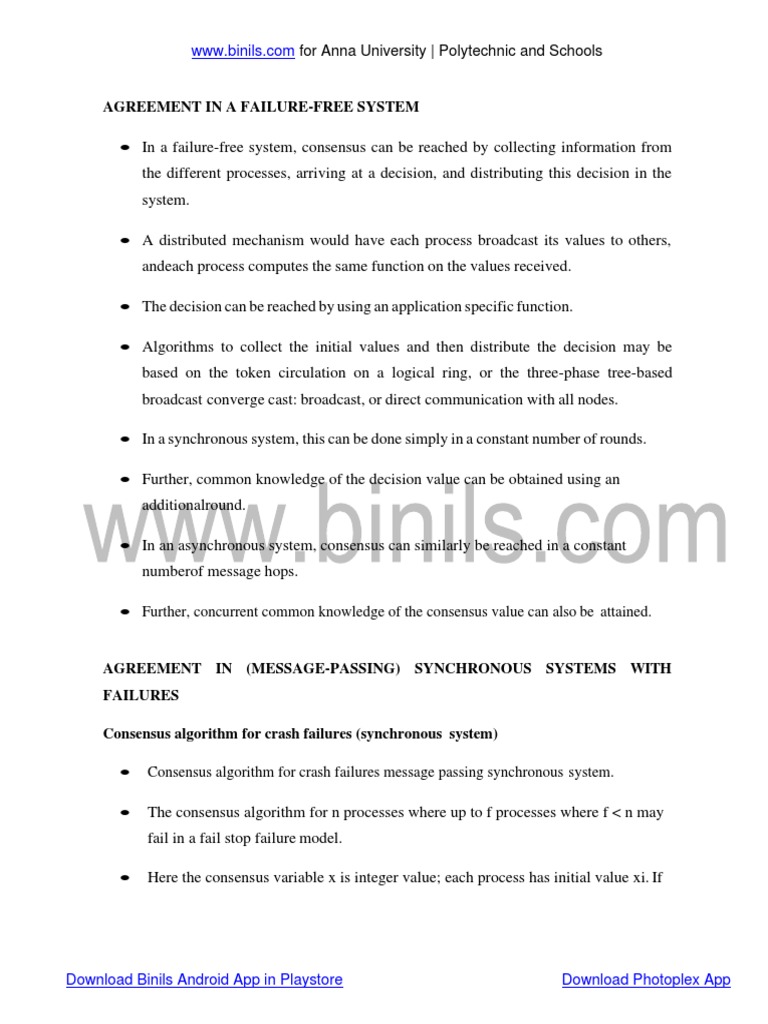 CS8603 UNIT 4 Agreement in A Failure Free System | PDF | Google Play | Systems Engineering
