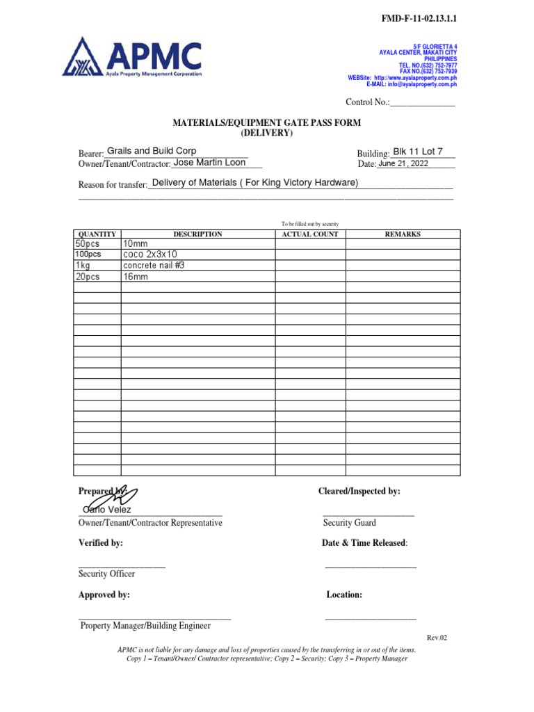 TCV PH1 B11L7-Delivery Gate Pass - June 21 | PDF