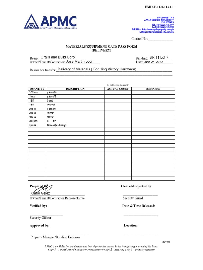 Materials/Equipment Gate Pass Form Documenting the Delivery of ...
