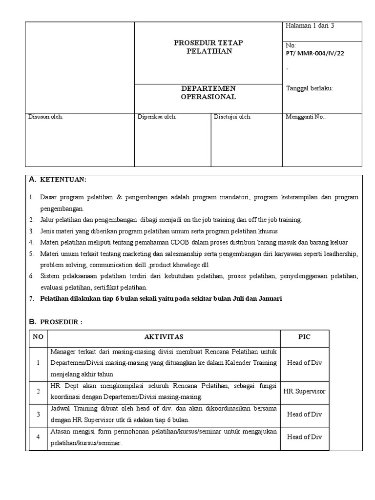 CONTOH SOP Pelatihan | PDF