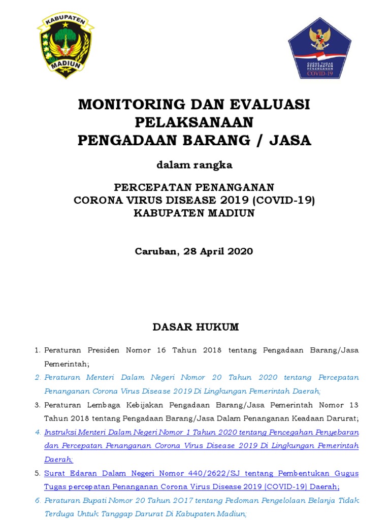 MONITORING DAN EVALUASI PELAKSANAAN PENGADAAN BARANG/JASA UNTUK PERCEPATAN PENANGANAN COVID-19 ...
