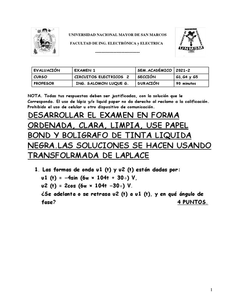 Ex1 CIR2 - UNMSM 2021 | PDF