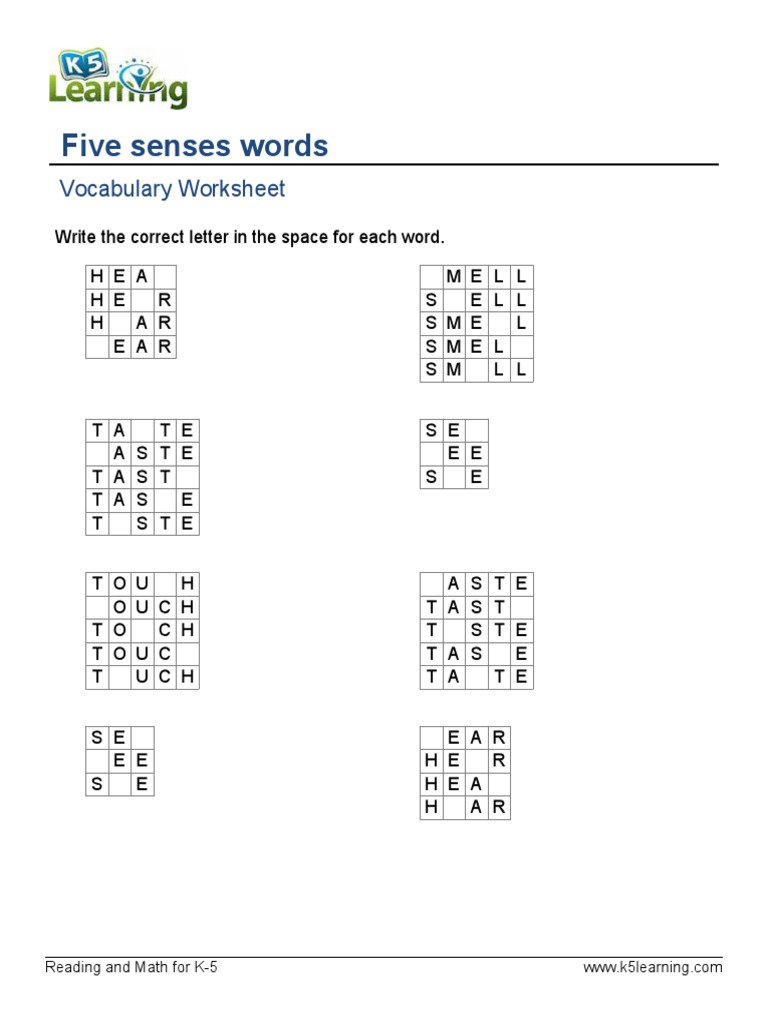 Five Senses Words: Vocabulary Worksheet | PDF | Cognitive Science ...