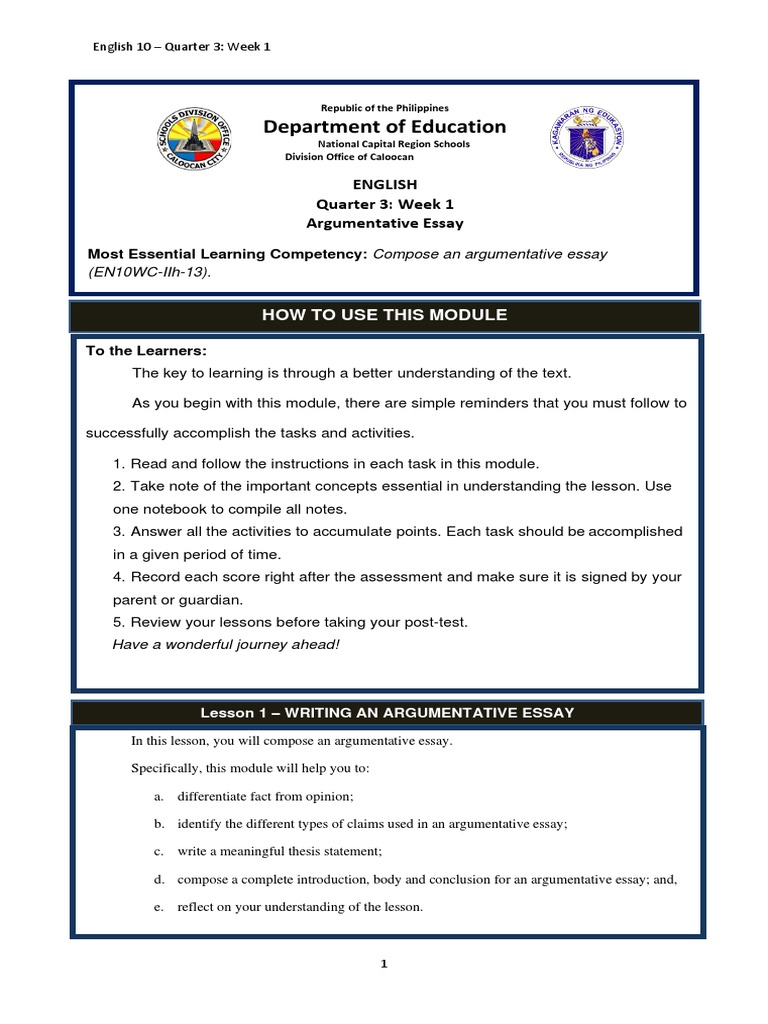 English 10 Quarter 3 Week 1 Module | PDF | Essays | Argument