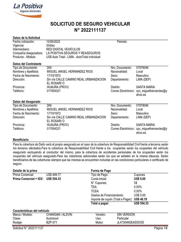 Solicitud de Seguro Vehicular #2022111137 | Descargar gratis PDF ...