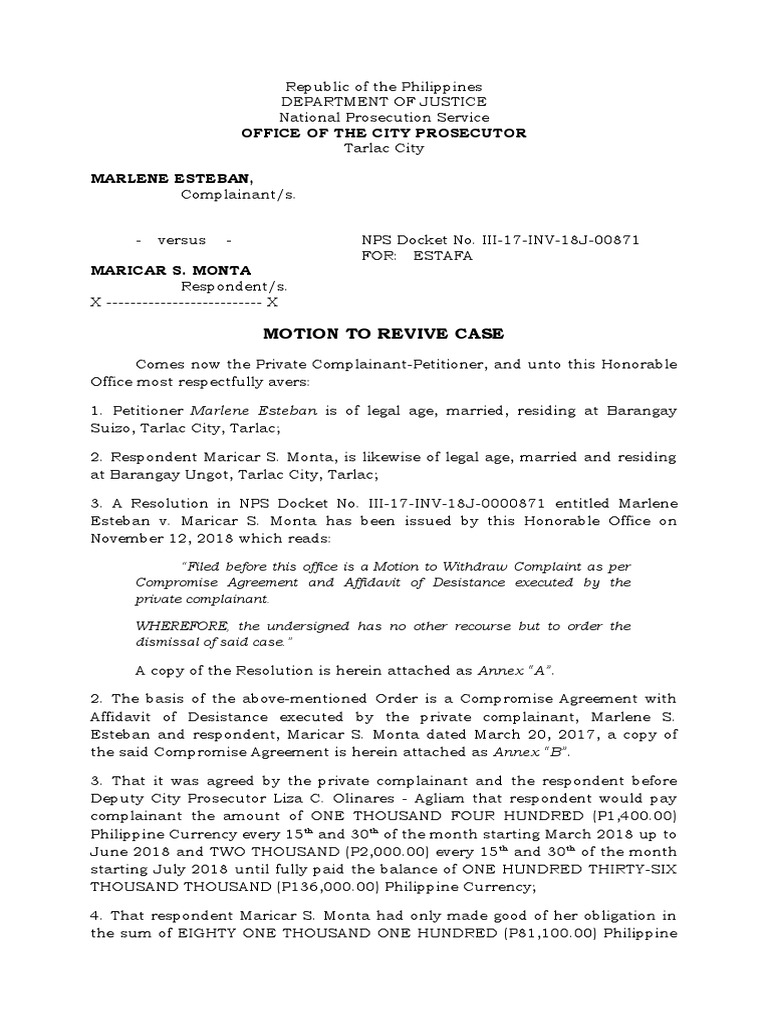 Motion To Revive Case - Esteban v. MMonta | PDF | Courts | Judiciaries