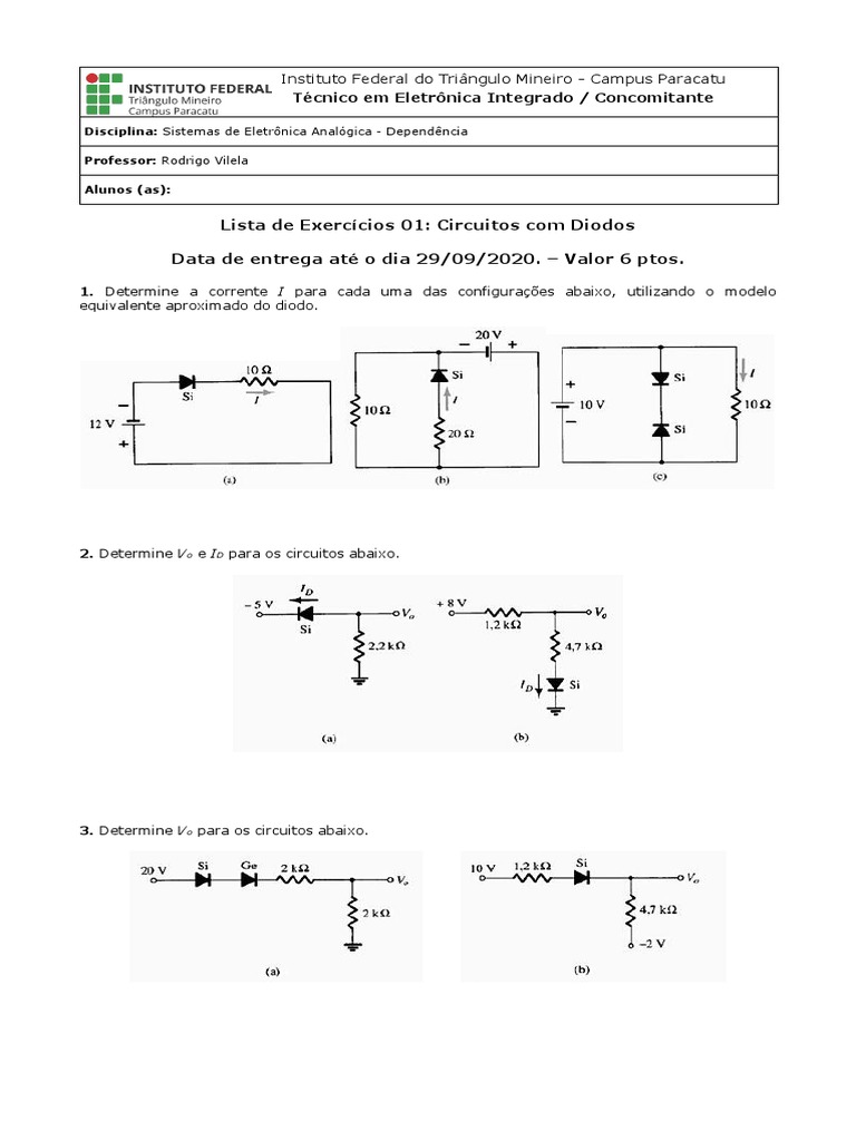Lista de Exercícios 01 - Circuitos Com Diodos | PDF