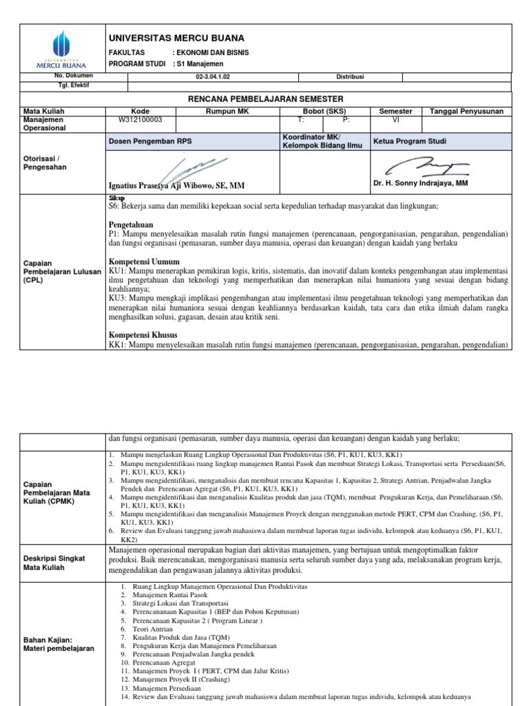 RPS Manajemen Operasional OBE 2021 Ignatius Aji-DONE | PDF