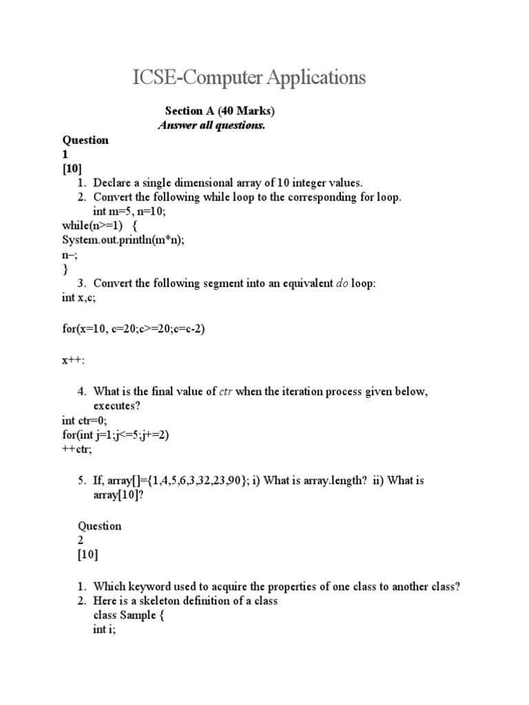 ICSE Computer Applications Model Questions | PDF | Class (Computer ...