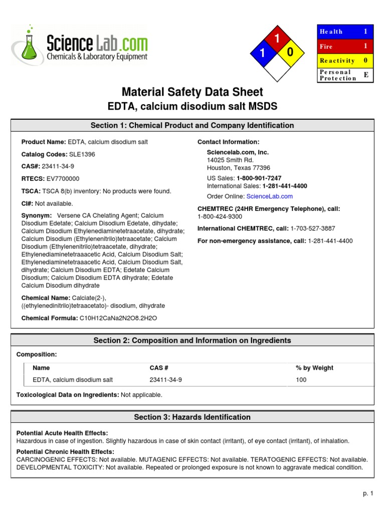 EDTA, Calcium Disodium Salt MSDS: Section 1: Chemical Product and ...