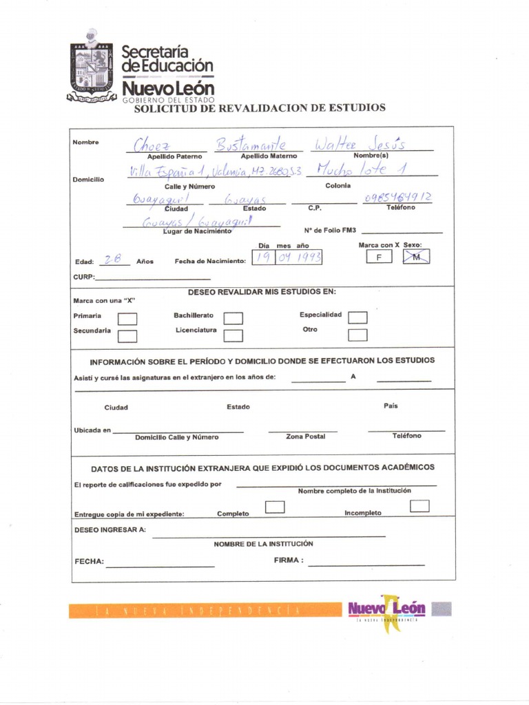 Solicitud de Revalidacion de Estudios - Walter Choez Bustamante | PDF