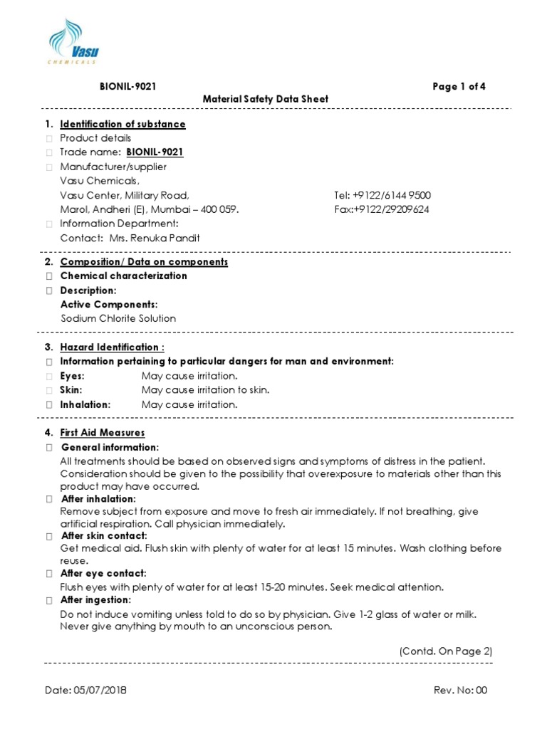 Bionil-9021 MSDS | PDF | Chlorine | Water