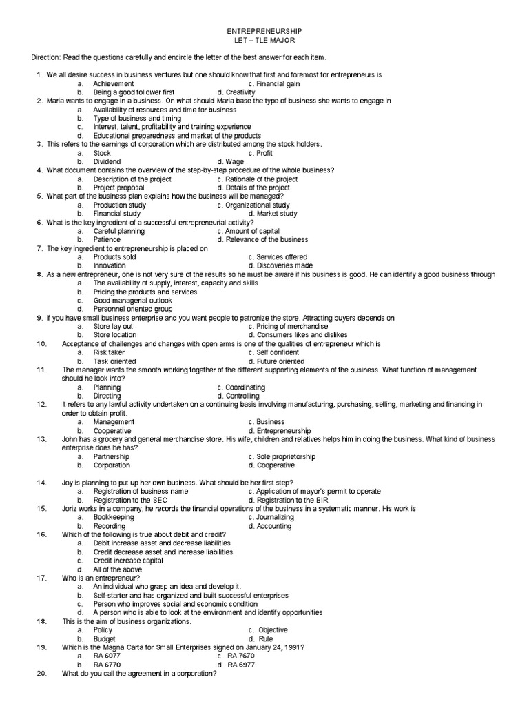 Tle Entrepreneurship | PDF | Entrepreneurship | Business