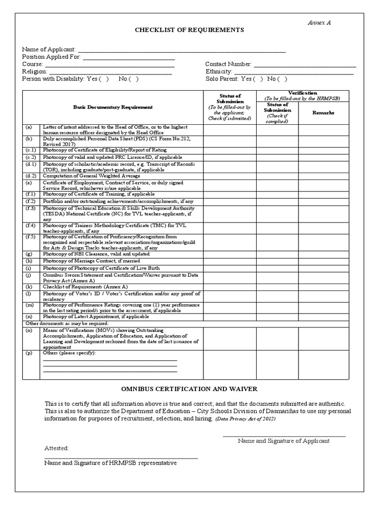 Applicant Requirements Checklist | PDF
