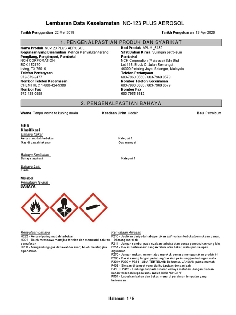NC-123 Plus Aerosol 5432 (SDS My 20200413) | PDF