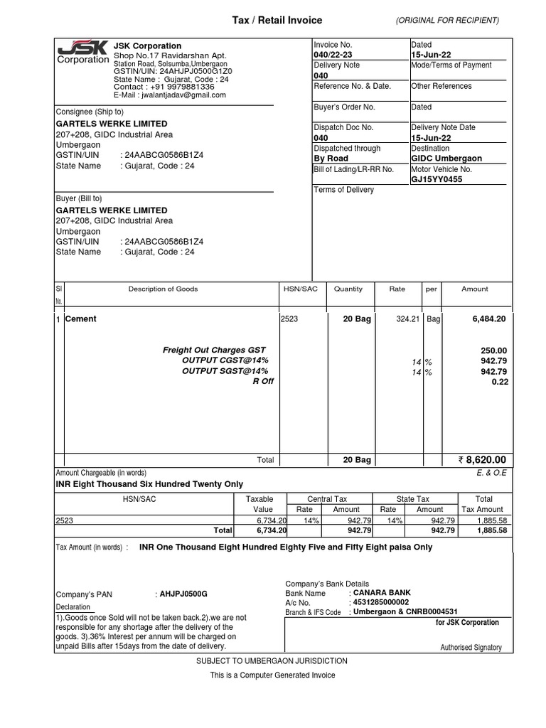 Cement Delivery Invoice from JSK Corporation to Gartels Werke Limited ...