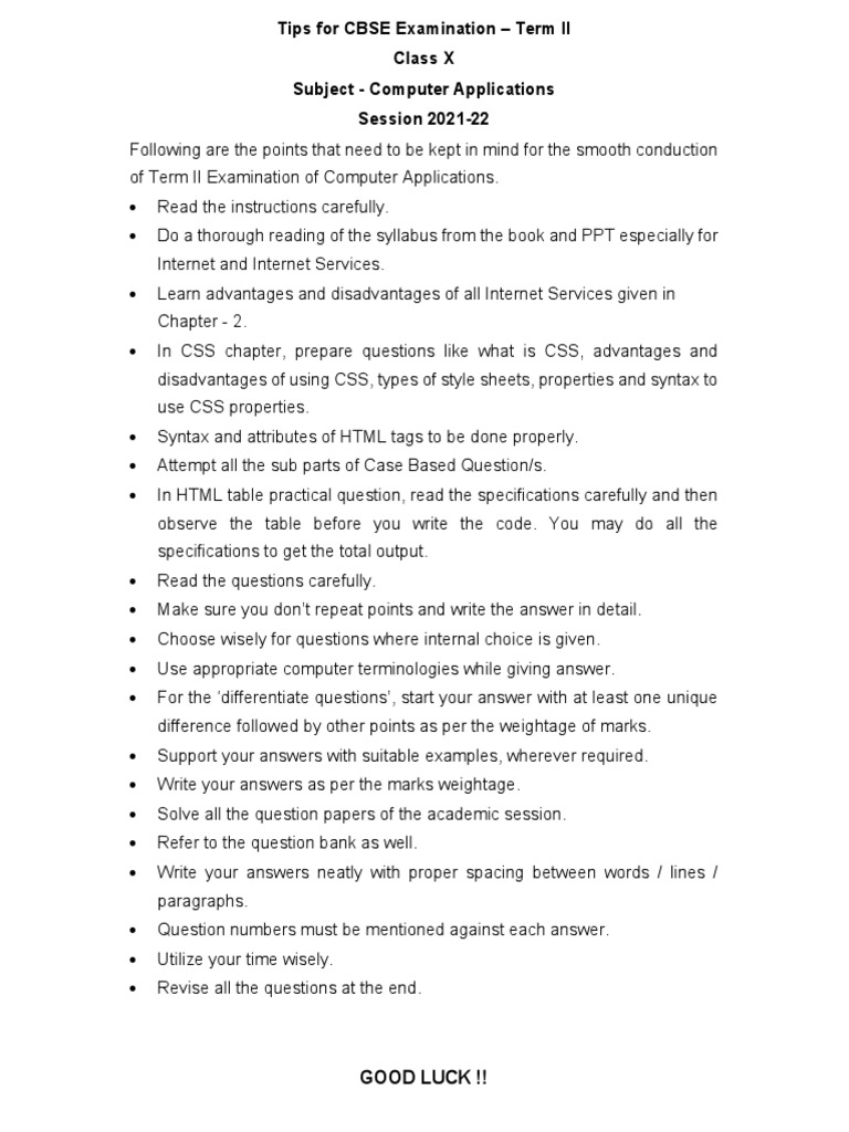 Exam Tips (Computer Applications) 2021-22 | PDF | Business