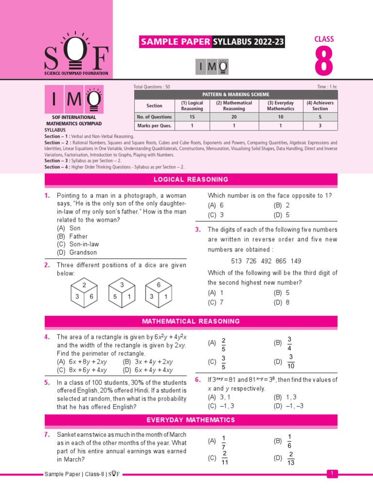 Class 8 IMO Sample Paper 2022-23 | PDF | Mathematics | Elementary ...
