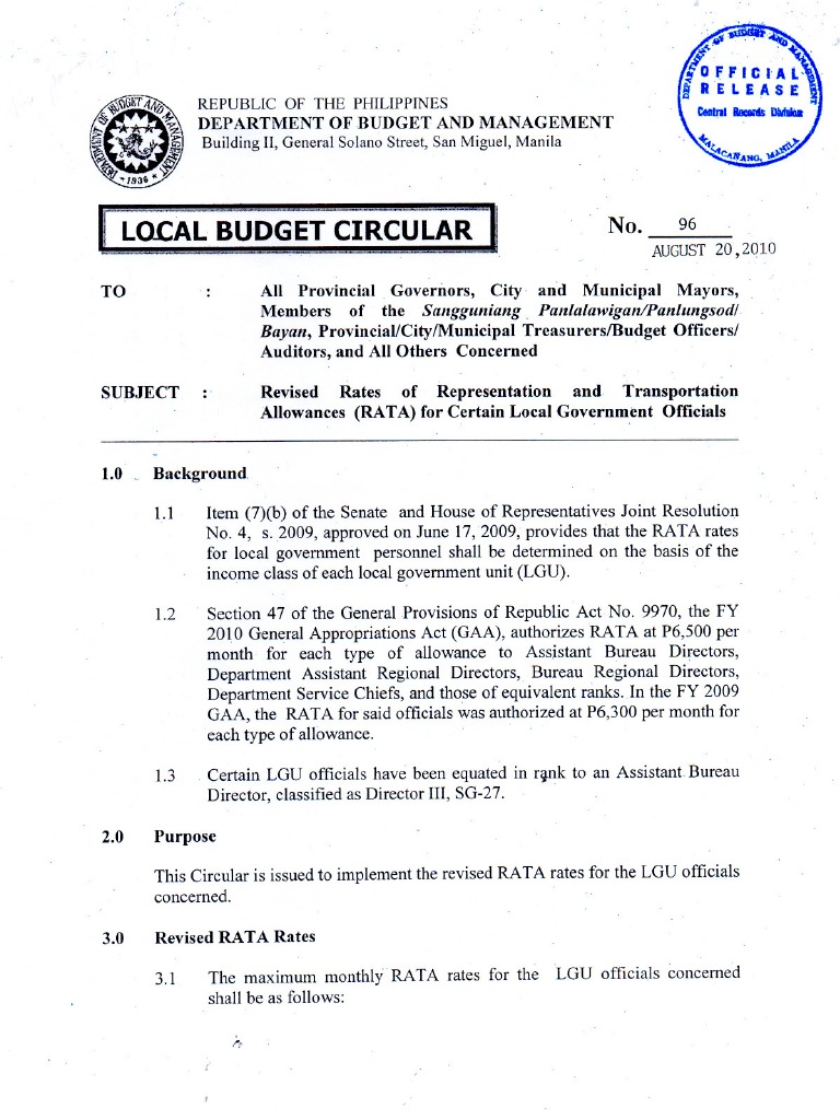 Budget Circular #96 - Revised RATA Rates | PDF | Local Government | Mayor