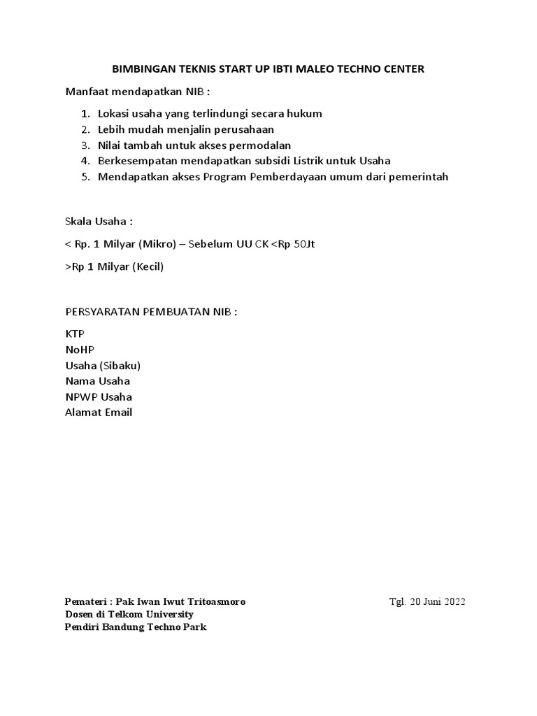 Bimbingan Teknis Start Up Ibti Maleo Techno Center | PDF
