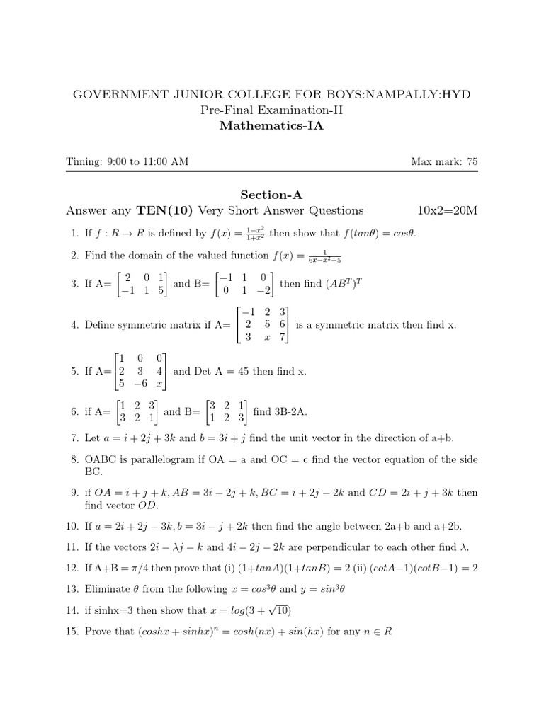 Government Junior College For Boys:Nampally:Hyd Pre-Final Examination ...
