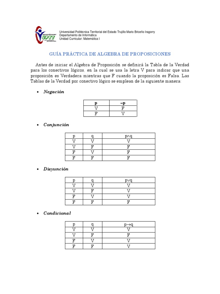 Guía Practica de Algebra de Proposiciones | PDF | Verdad | Metalogica