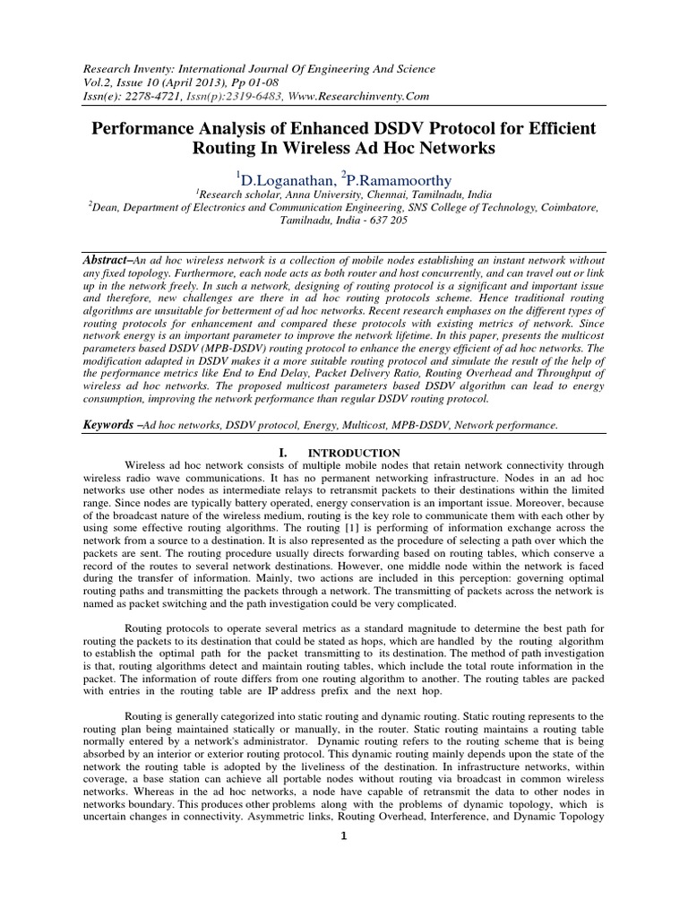 Performance Analysis of Enhanced DSDV Protocol For Efficient Routing in ... Performance Analysis of Enhanced DSDV Protocol For Efficient Routing in ...