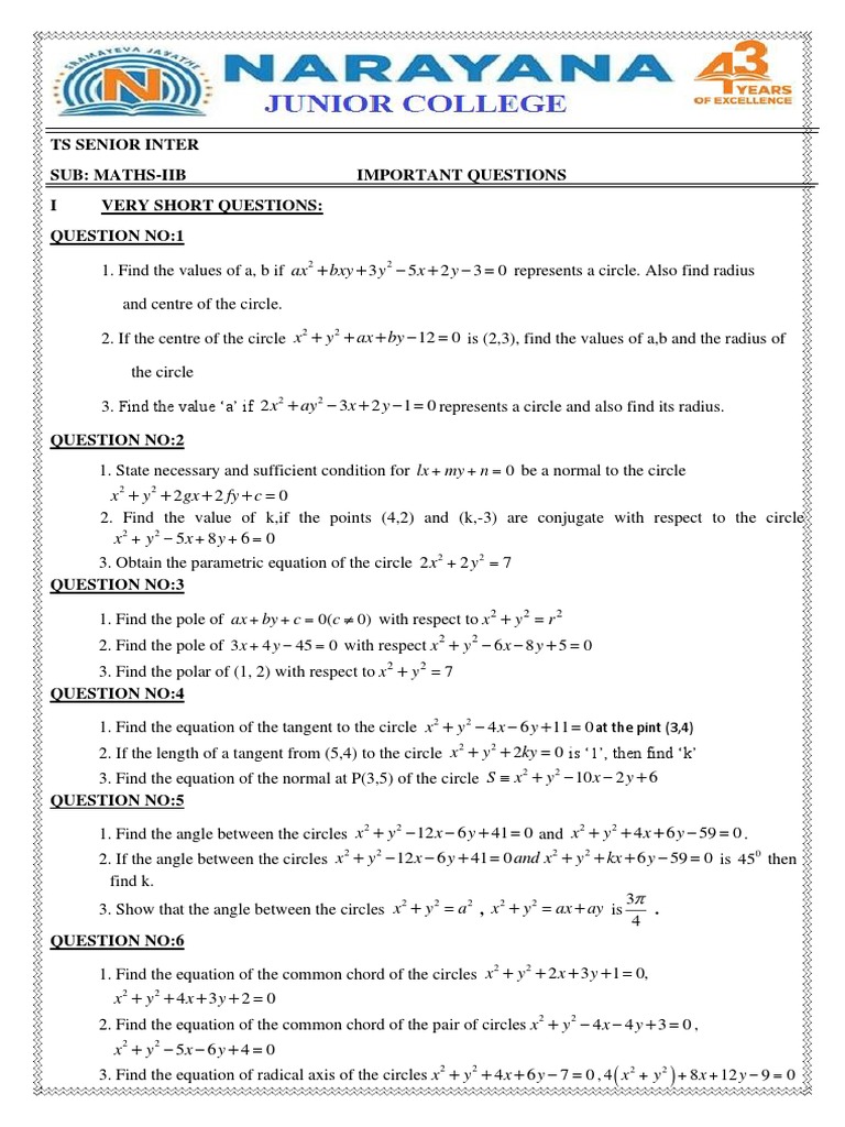 TS - SR - Maths Iib - Imp Questions | PDF | Ellipse | Circle