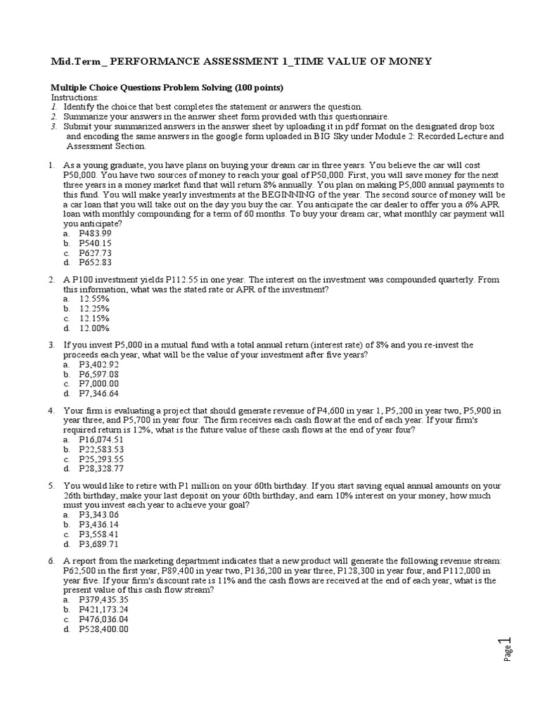 Mid - Term - Performance Assessment 1 - Time Value of Money: Multiple ...